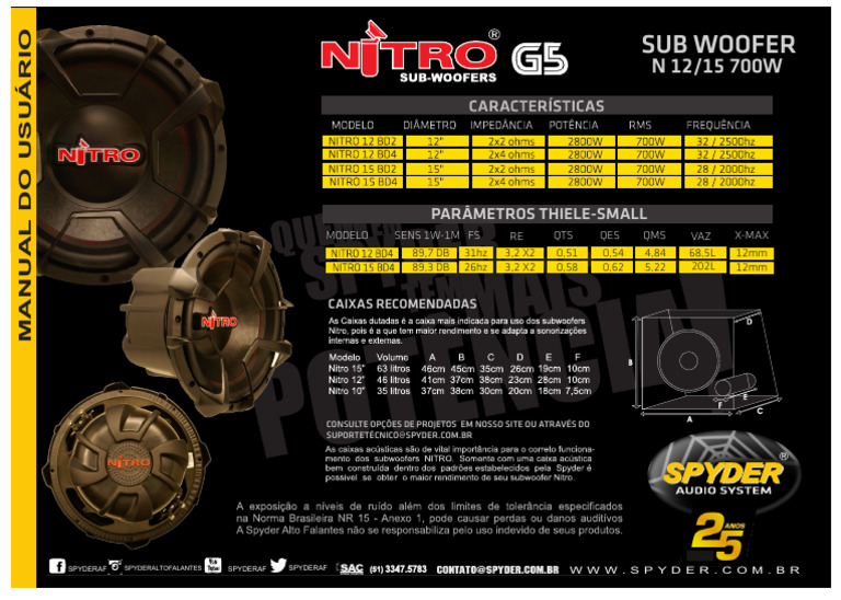 Especificações do Subwoofer Nitro 700 RMS | PDF