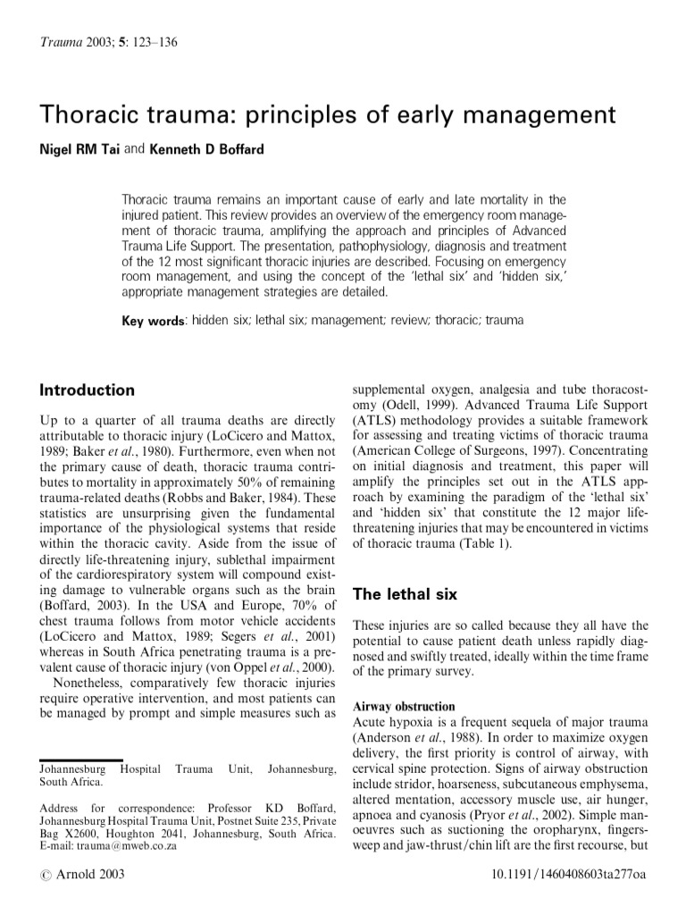 Thoracic Trauma Principles of Early Management | PDF | Thorax | Medical ...