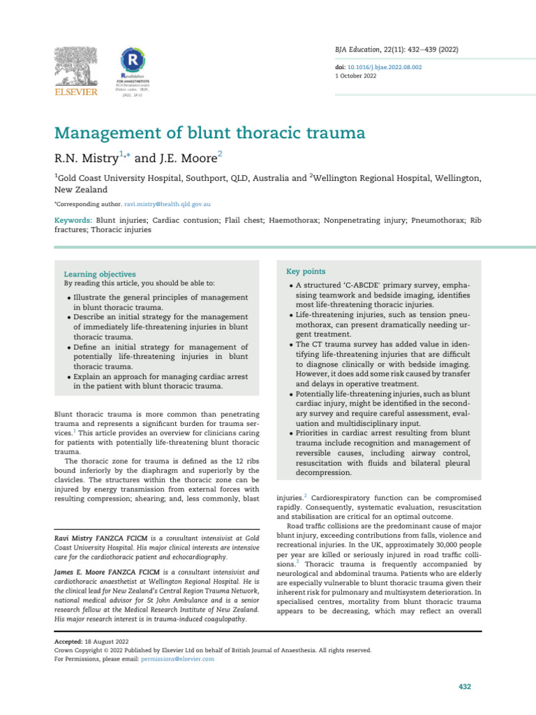 Management of blunt thoracic trauma | PDF | Major Trauma | Thorax