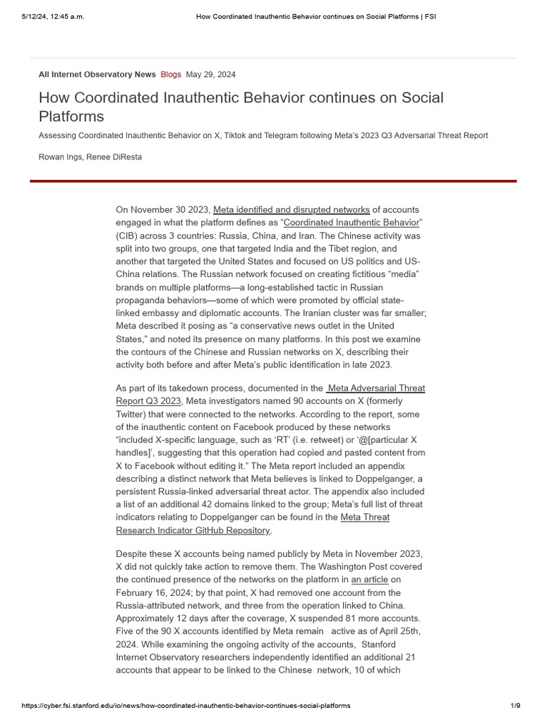 How Coordinated Inauthentic Behavior Continues on Social Platforms _ FSI | PDF | Social Media ...