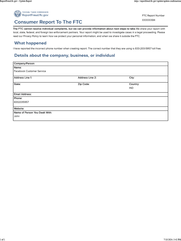 ReportFraud.ftc.gov - Update Report | PDF