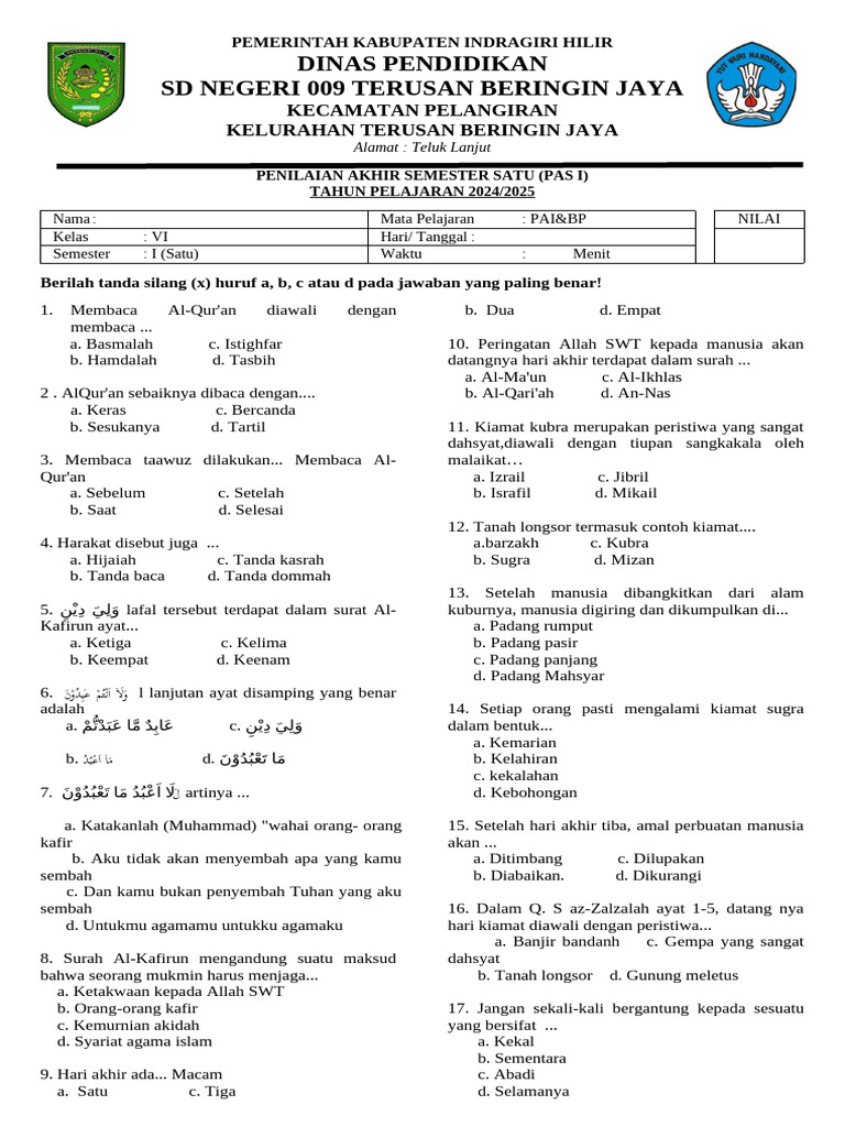 Soal PAS 1 Kelas 6 BMR | PDF