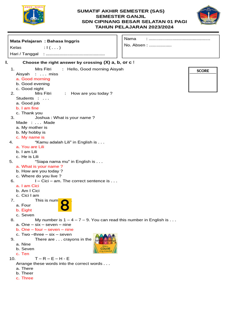 SOAL SAS - KELAS 1 (B.ING) | PDF | Pencil | Writing Implements