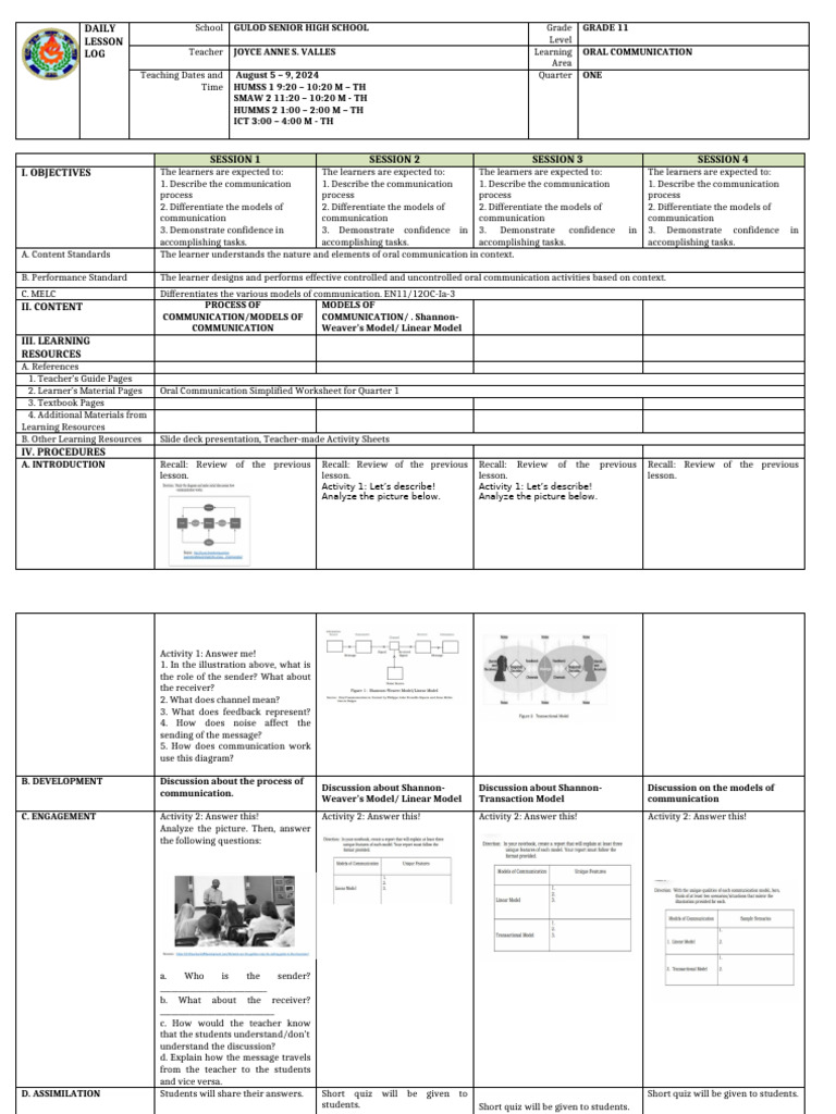 Oral Comm DLL Week 2 - Aug 5 - 9 2024 | PDF | Communication | Learning