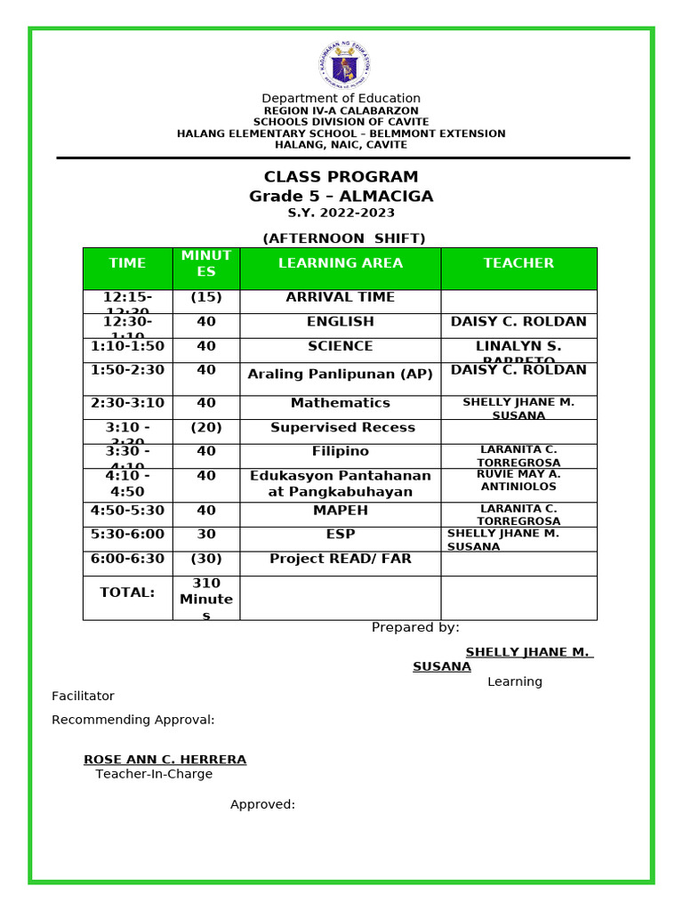 Grade 5 Class Program 2022 2023 New 2 | PDF | Government | Public ...