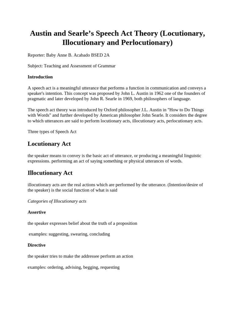 Speech Act Theory: Austin & Searle | PDF