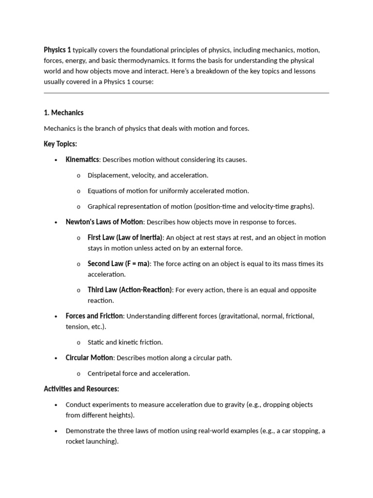 Physics 1 Typically Covers The Foundational Principles of Physics | PDF ...