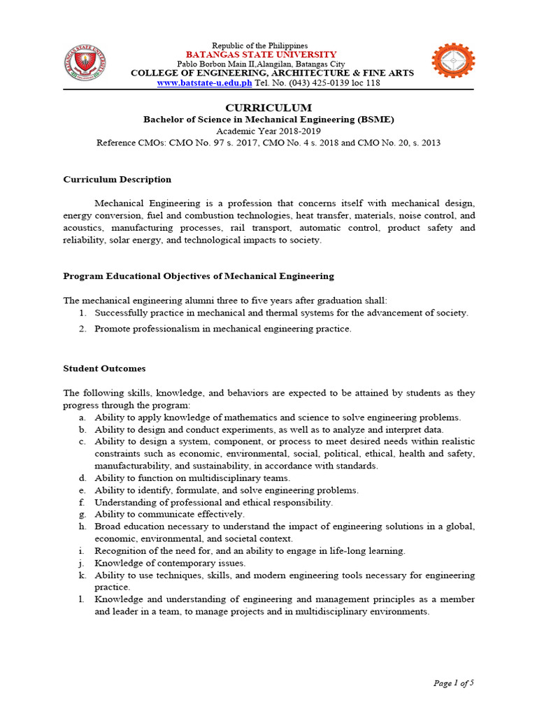 Bachelor of Science in Mechanical Engineering BSME | PDF | Engineering | Mechanical Engineering