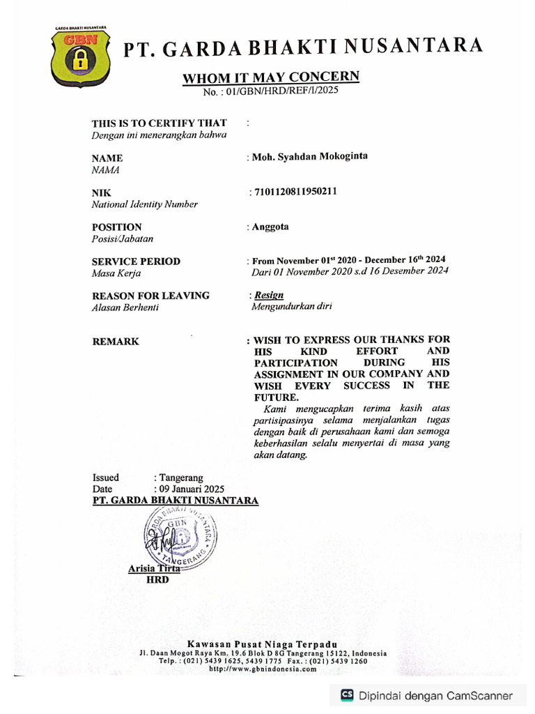 Paklaring Perusahaan | PDF