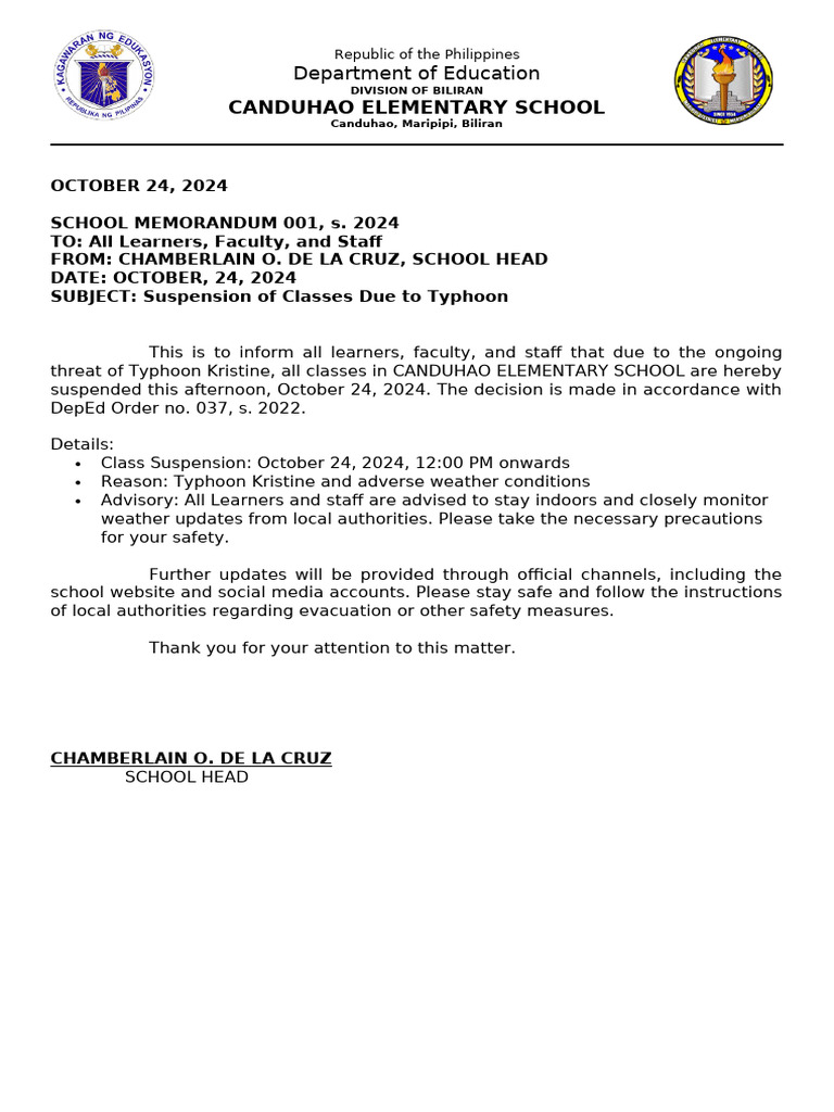 Class Suspension School Memo | PDF