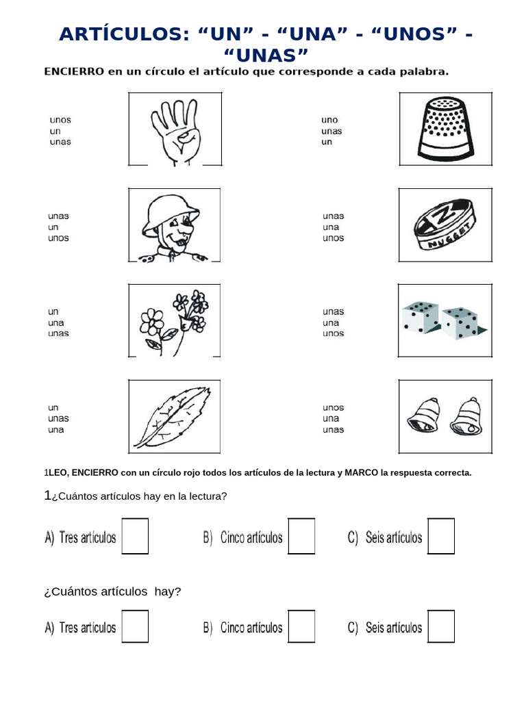 Artículos para Niños: "Un", "Una", "Unos", "Unas" | PDF