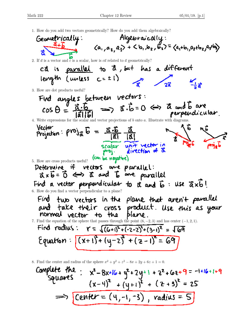Spring19 Final Review Ch12 Solns | PDF | Euclidean Vector | Euclid