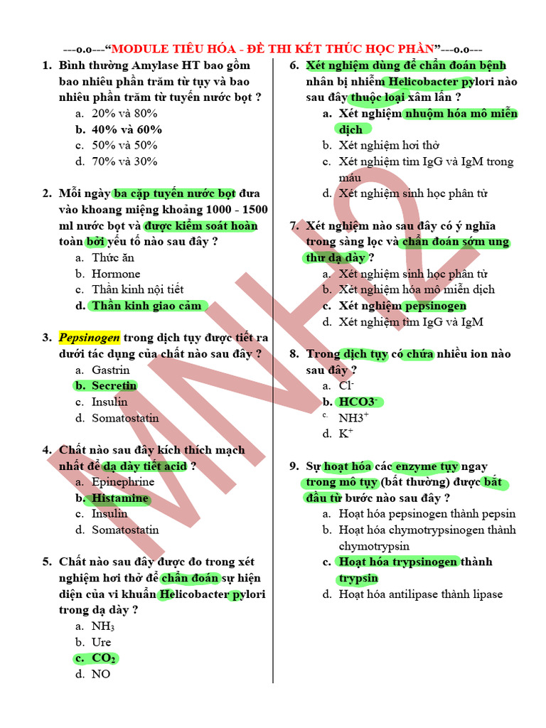 Module Tiêu Hóa Đề Thi Kết Thúc Học Phần MNH2 | PDF