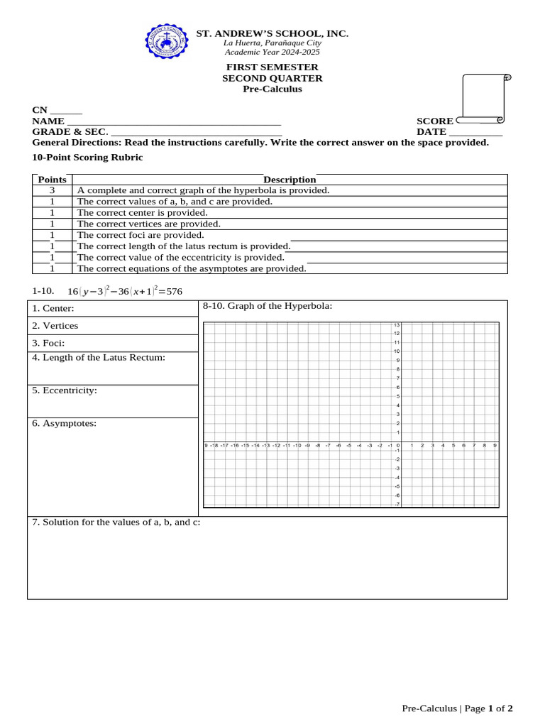 PreCalculus -Quiz Second Quarter | PDF