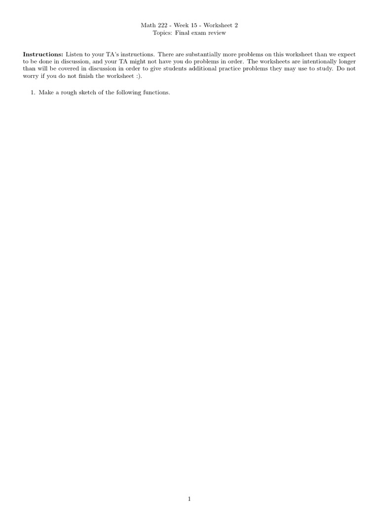 Math 222 Final Exam Review Worksheet | PDF