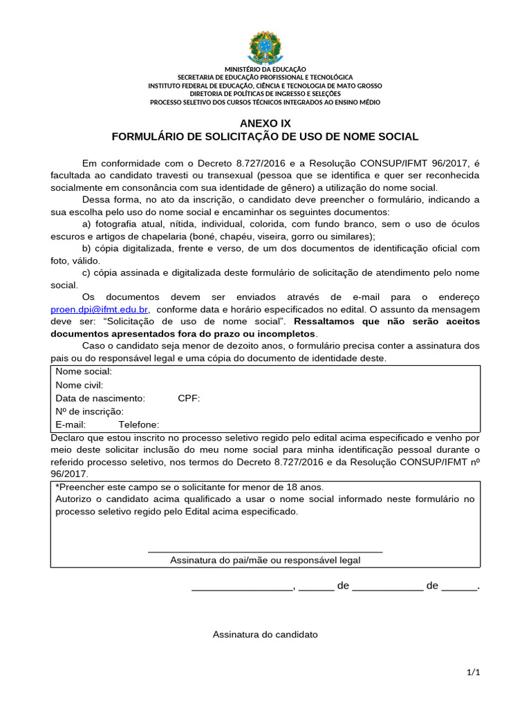 Anexo Ix Formulario de Solicitacao de Uso de Nome Social | PDF