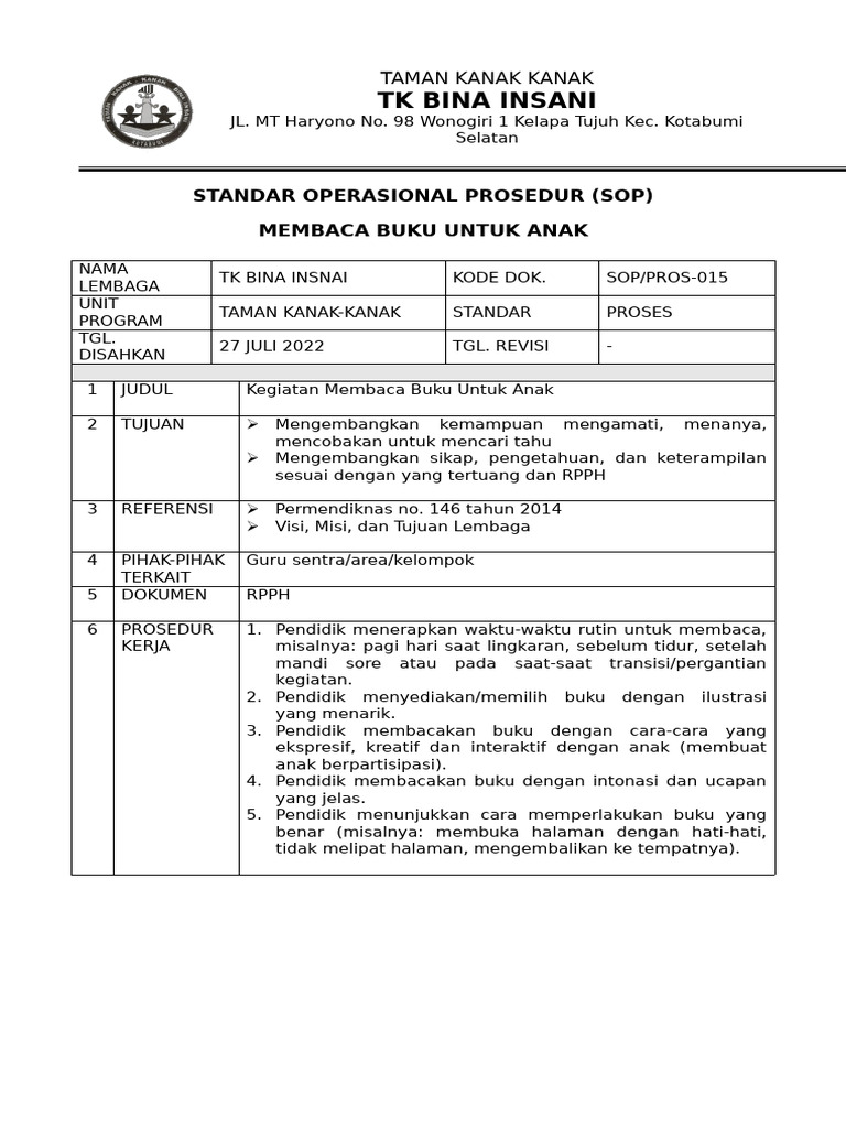 Sop Paud - Membaca Buku Untuk Anak | PDF