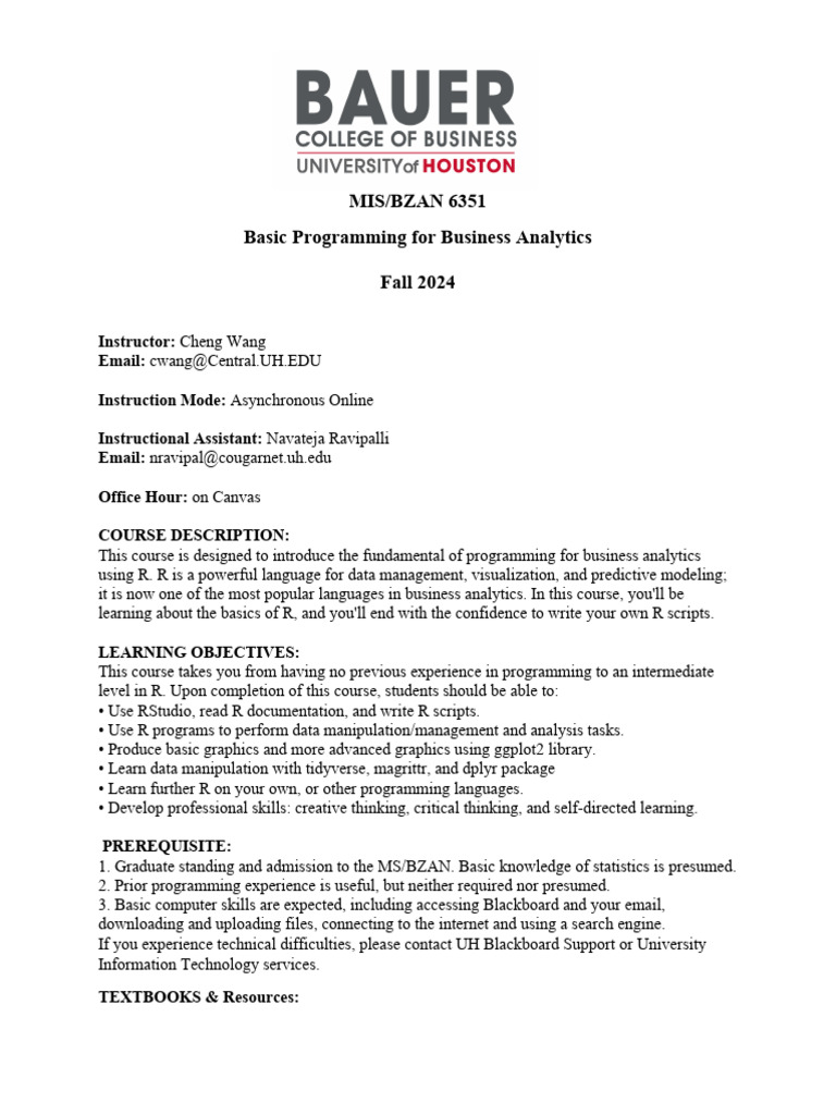 BZAN 6351 Syllabus Fall 2024 | PDF | Computer Programming | Analytics
