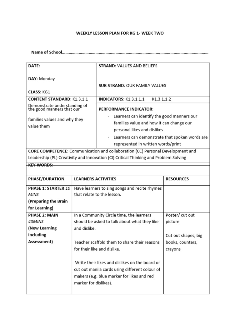 Term-2-KG-1-week-2-lesson-plan | PDF | Learning | Creativity