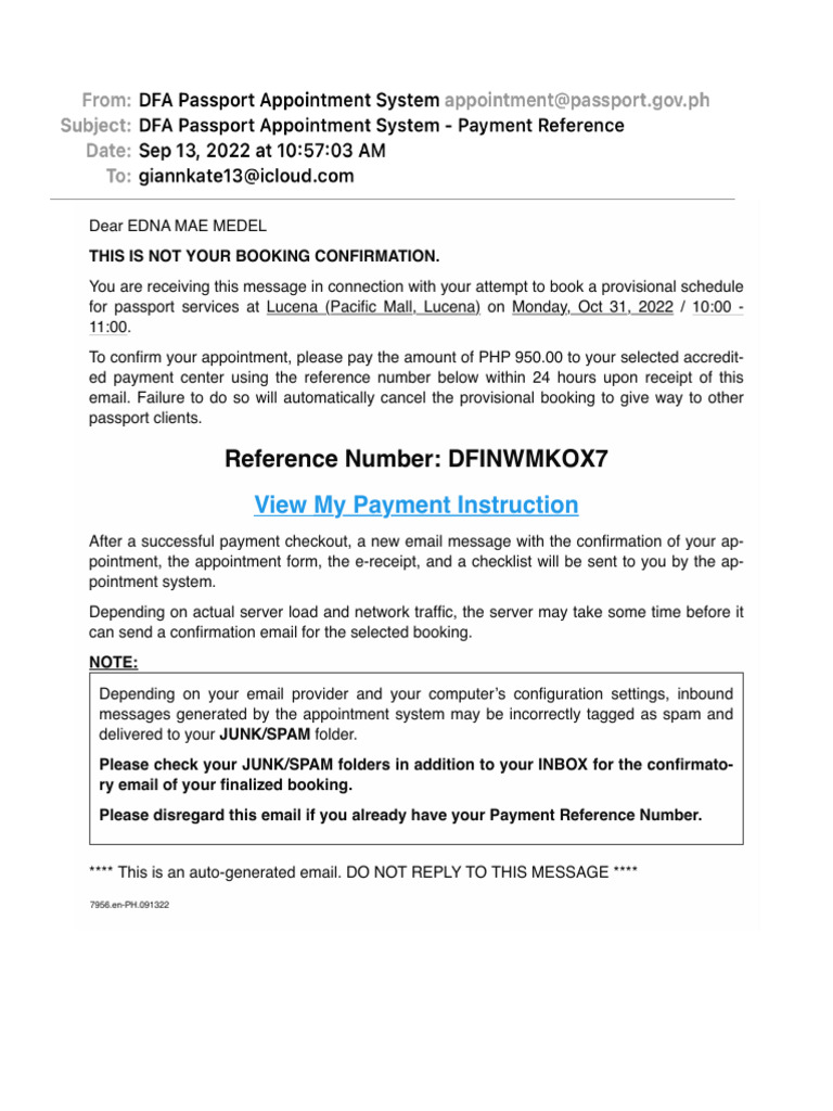 DFA Passport Appointment System - Payment Reference | PDF