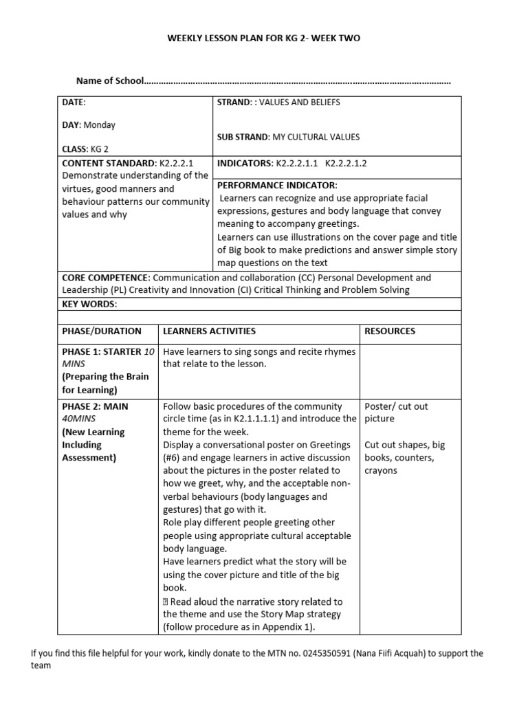 KG 2 Weekly Lesson Plan: Values & Beliefs | PDF | Learning | Critical ...