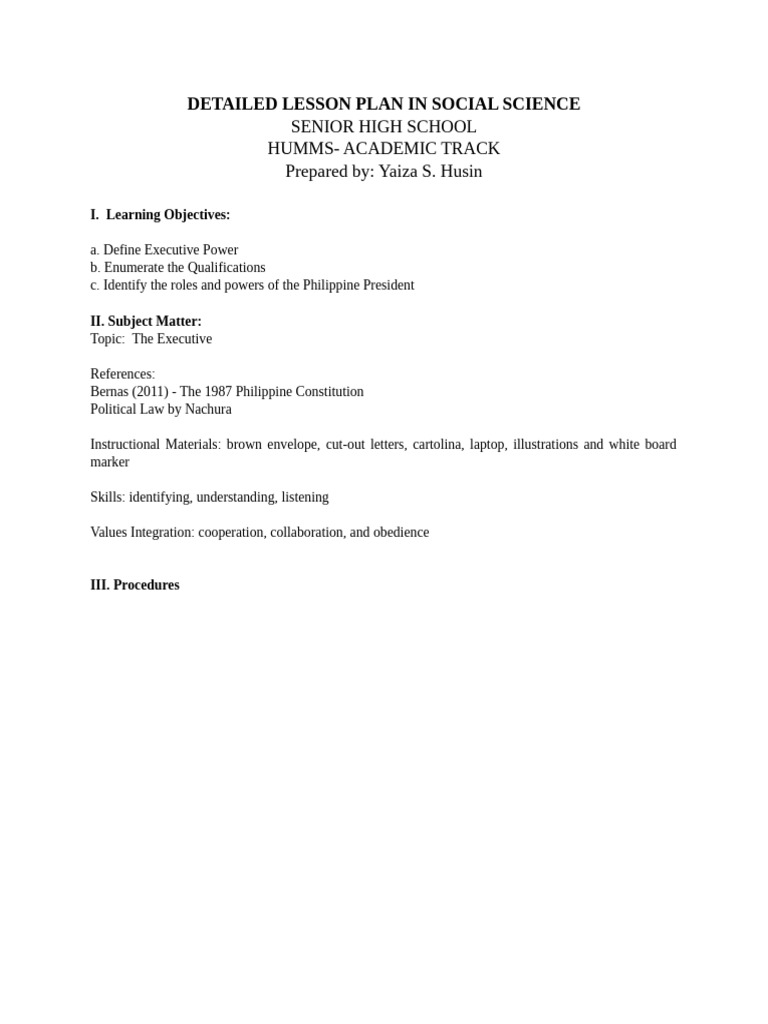 Social Science Lesson Plan: Executive Power | PDF | Teachers | Lesson Plan