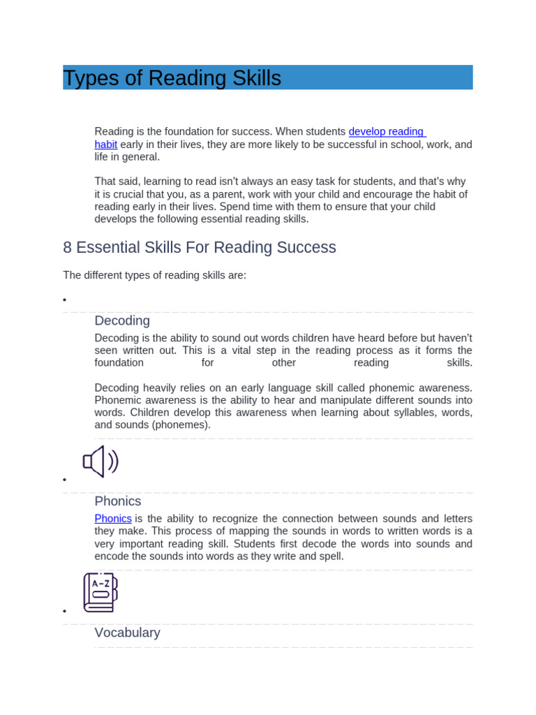 Types of Reading Skills 2023 | PDF | Phonics | Reading Comprehension