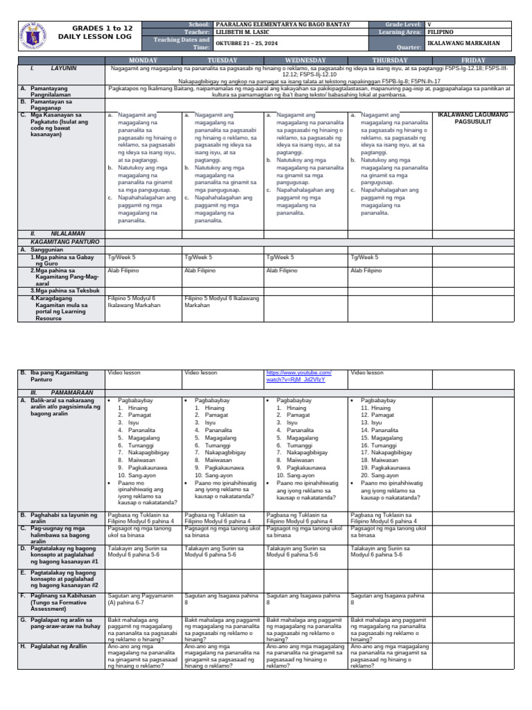 DLL - Filipino 5 - Q2 - W5 | PDF