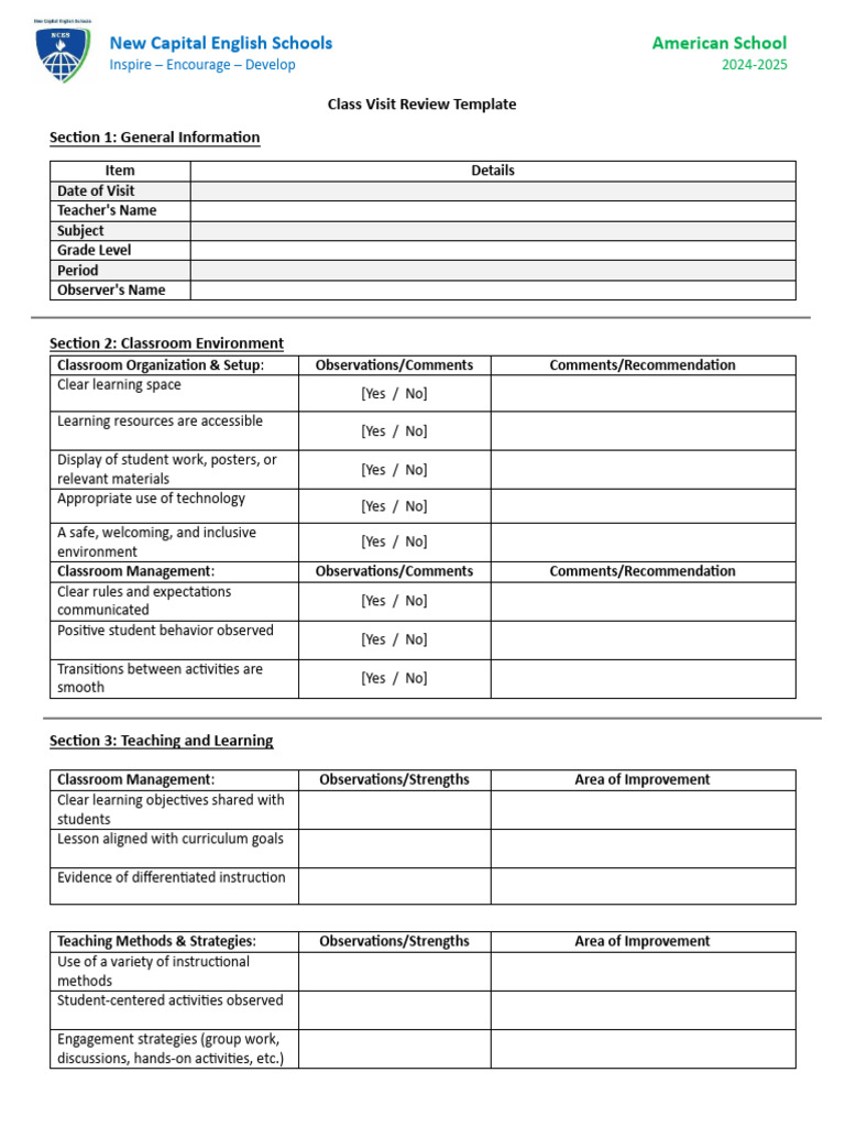 Class Visit Review Template - American | PDF | Learning | Classroom ...