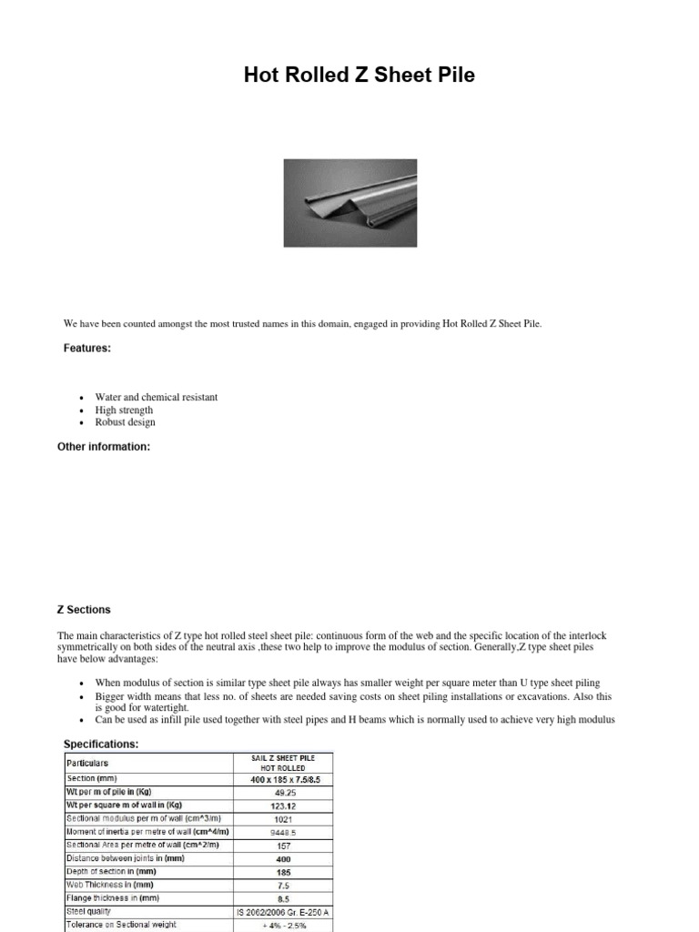 Hot Rolled Z Sheet Pile Specifications | PDF | Deep Foundation ...