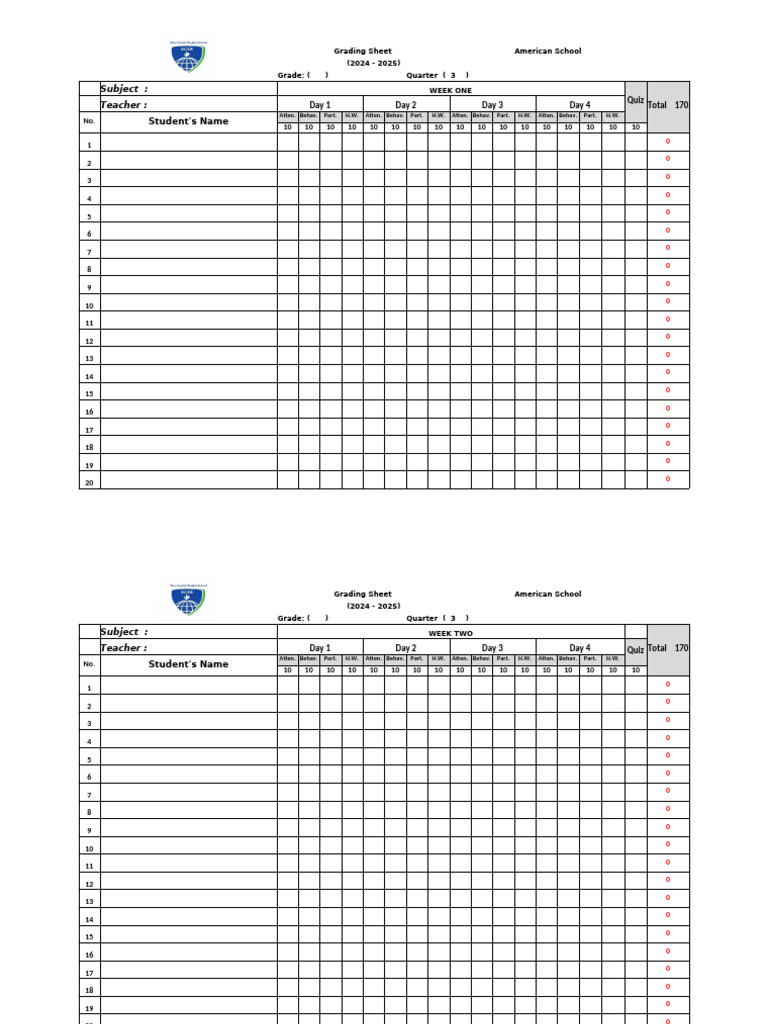 Weekly Grading Sheet 4 Sessions | PDF