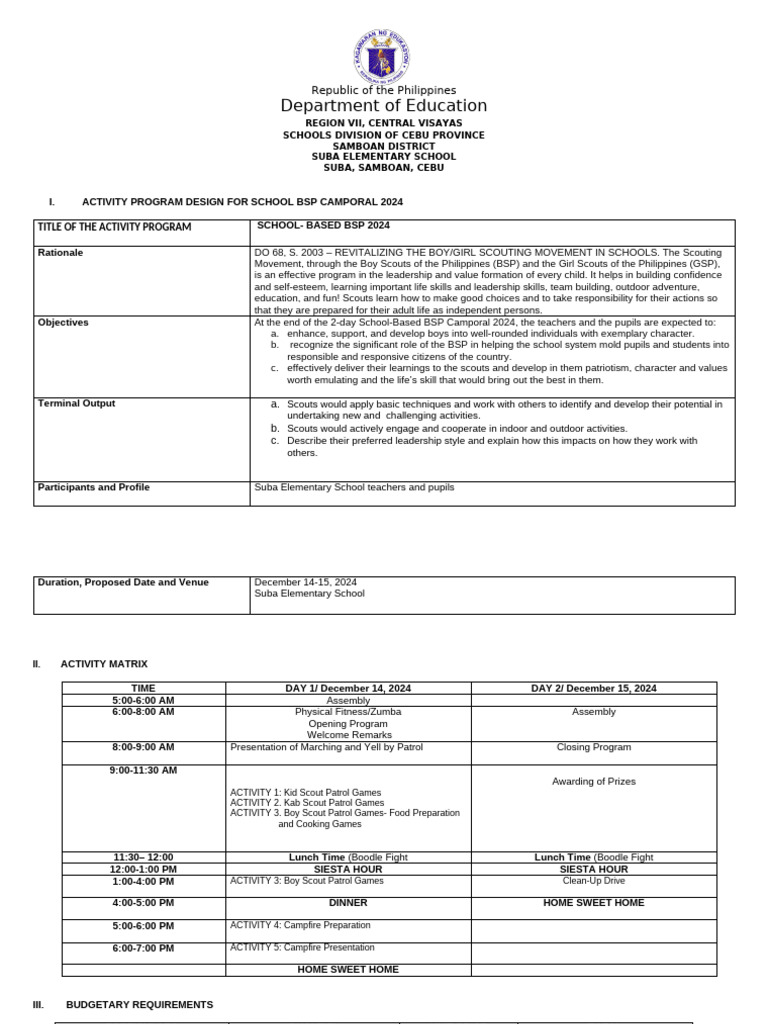 School-Based BSP Camporal 2024 Plan | PDF | Scouting