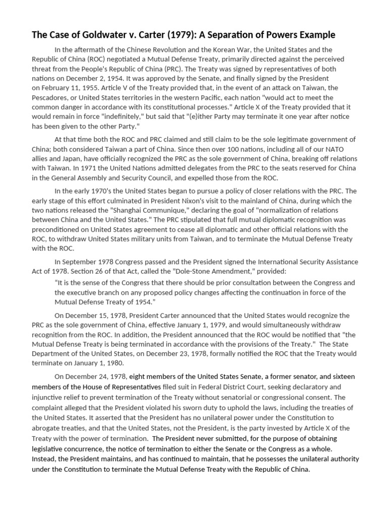 The Case of Goldwater v. Carter - Separation of Powers Example | PDF ...