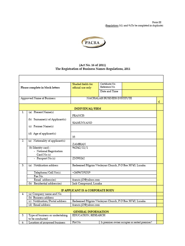 Business Name Registration Form | PDF