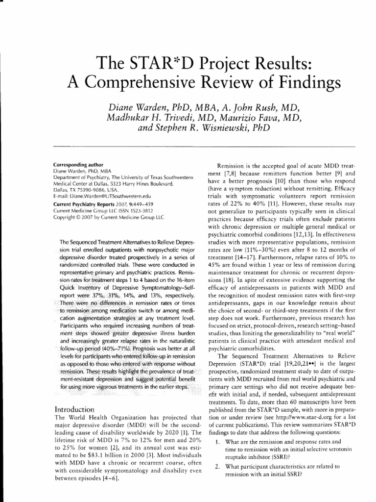 The Star D Project Results | PDF | Major Depressive Disorder ...