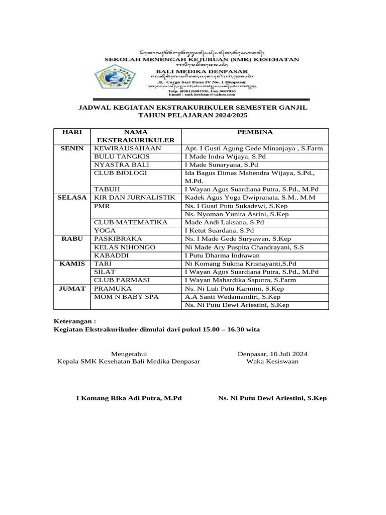 Jadwal Kegiatan Ekstrakurikuler | PDF
