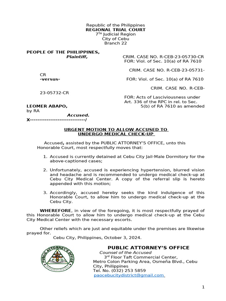 Urgent Motion For Medical Check-Up - Leomer Abapo | PDF | Courts | Justice