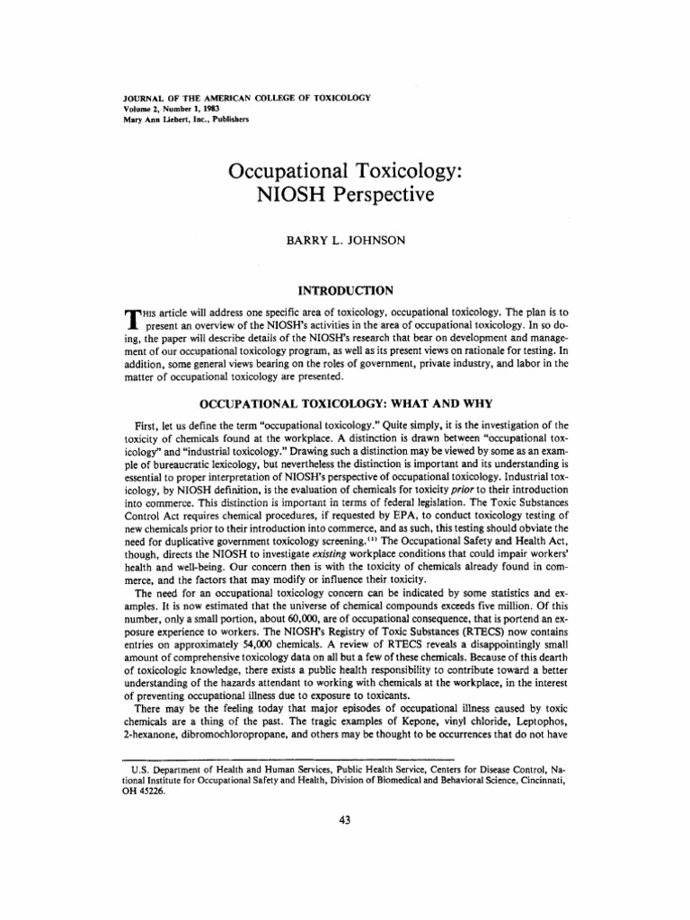 HIOSH - Johnson-1983-Occupational-Toxicology | PDF | Toxicity | Toxicology