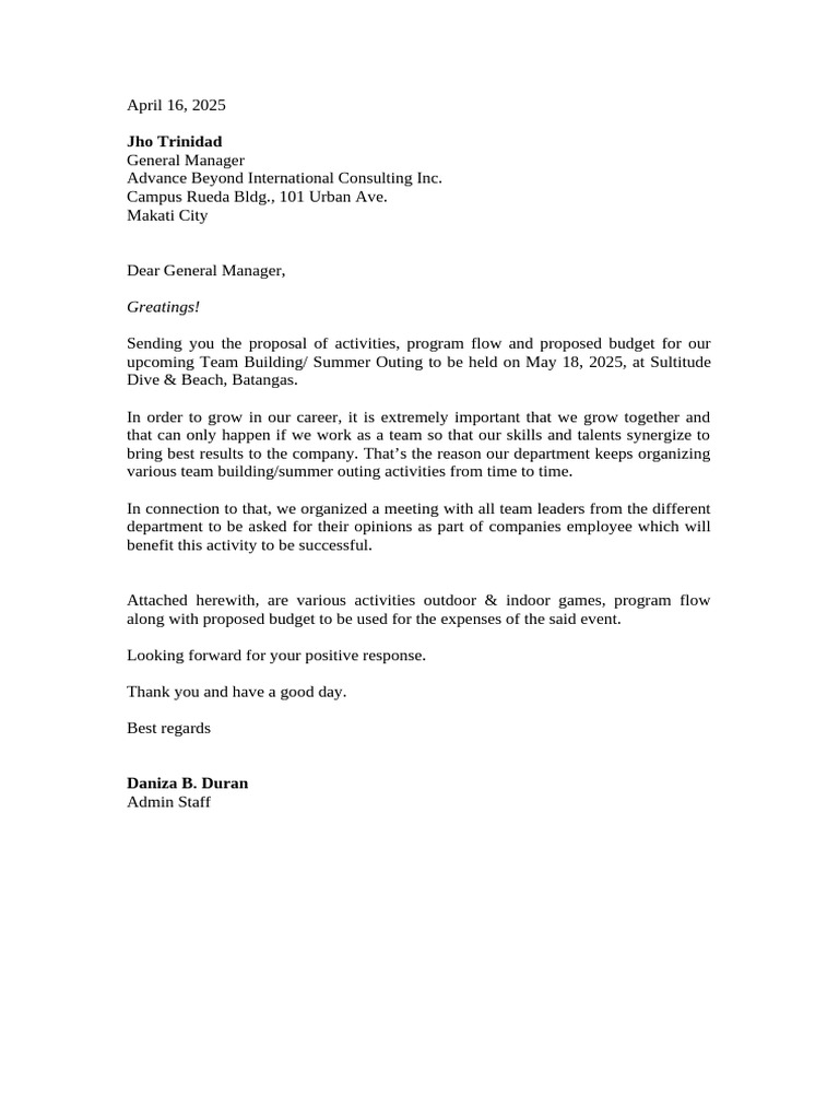 Team Building Proposal for May 2025 | PDF | Lunch