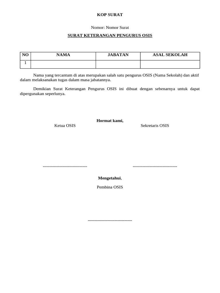Template Keterangan Pengurus Osis | PDF