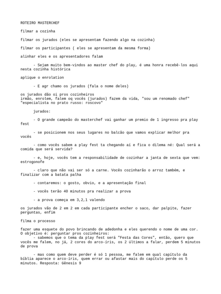 Roteiro Masterchef | PDF