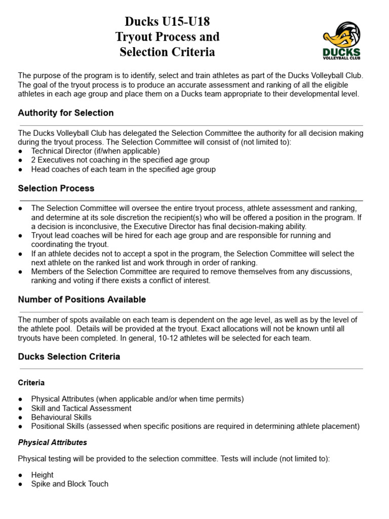 Ducks Selection Criteria U15-U18 .docx | PDF | Volleyball