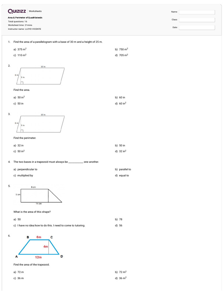 Area & Perimeter of Quadrilaterals - Quizizz | PDF | Area | Euclid