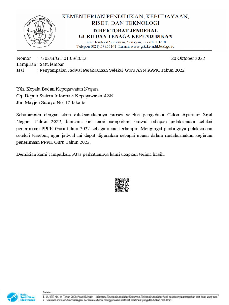 221020 Surat Penyampaian Jadwal Pelaksanaan Seleksi Guru PPPK Tahun 2022 | PDF