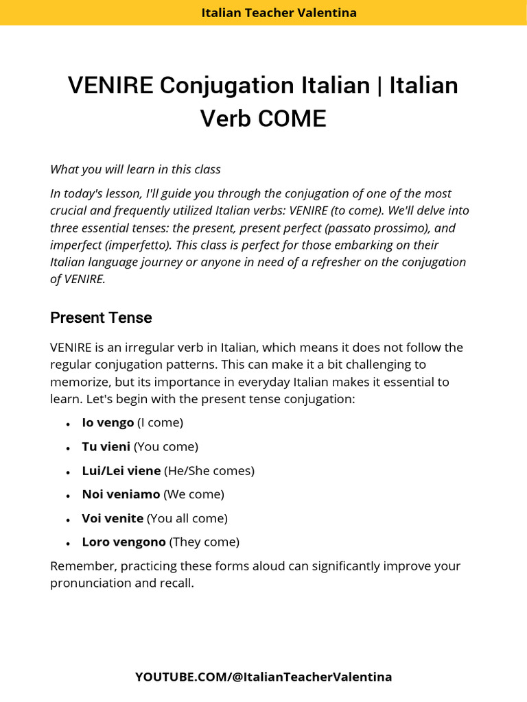 Italian Venire Conjugation | PDF | Grammatical Tense | Linguistics