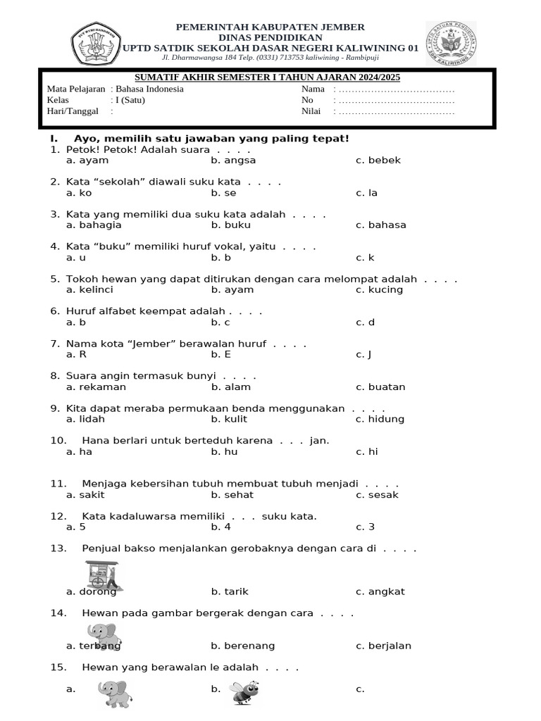 KLS1 SAS Bhs Indonesia S1 TH 2024 (21 Anak) | PDF