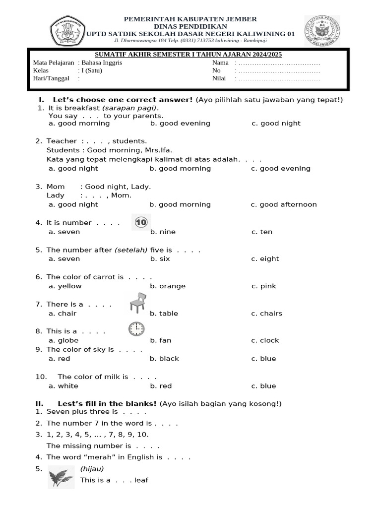 KLS1 SAS Bhs Inggris S1 TH 2024 (21 anak) | PDF