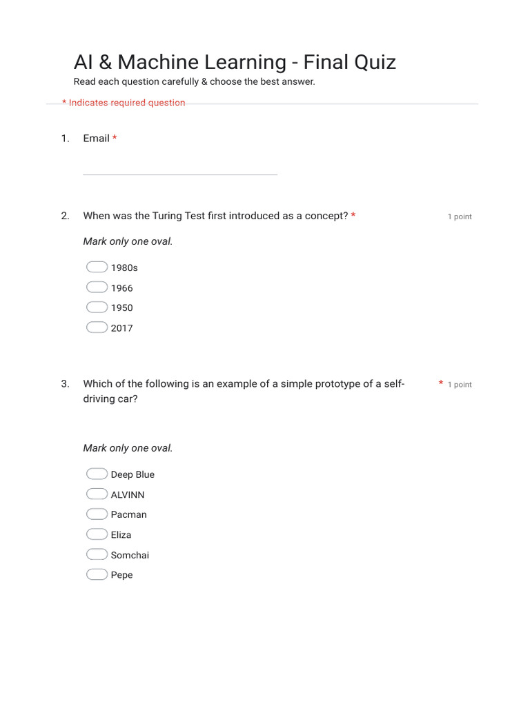 AI & Machine Learning Quiz Questions | PDF | Artificial Intelligence | Intelligence (AI) & Semantics