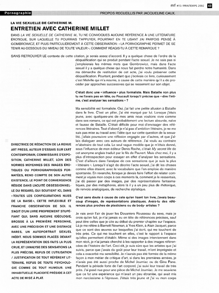 La Vie Sexuelle de Catherine M Entretien Avec Catherine Millet Musica Falsa Printemps 2002 n15 | PDF