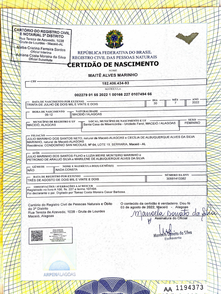 Certidão de Nascimento: Identificação e Registro | PDF